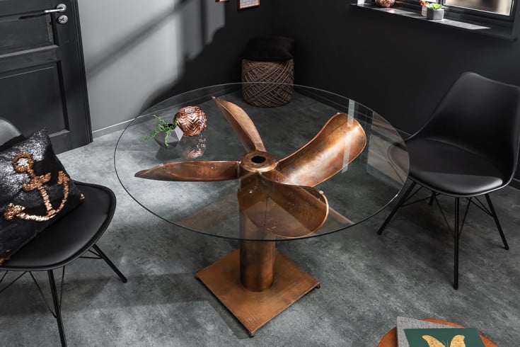 OCEAN maritime dining table 105cm flamed copper glass table with ship ...
