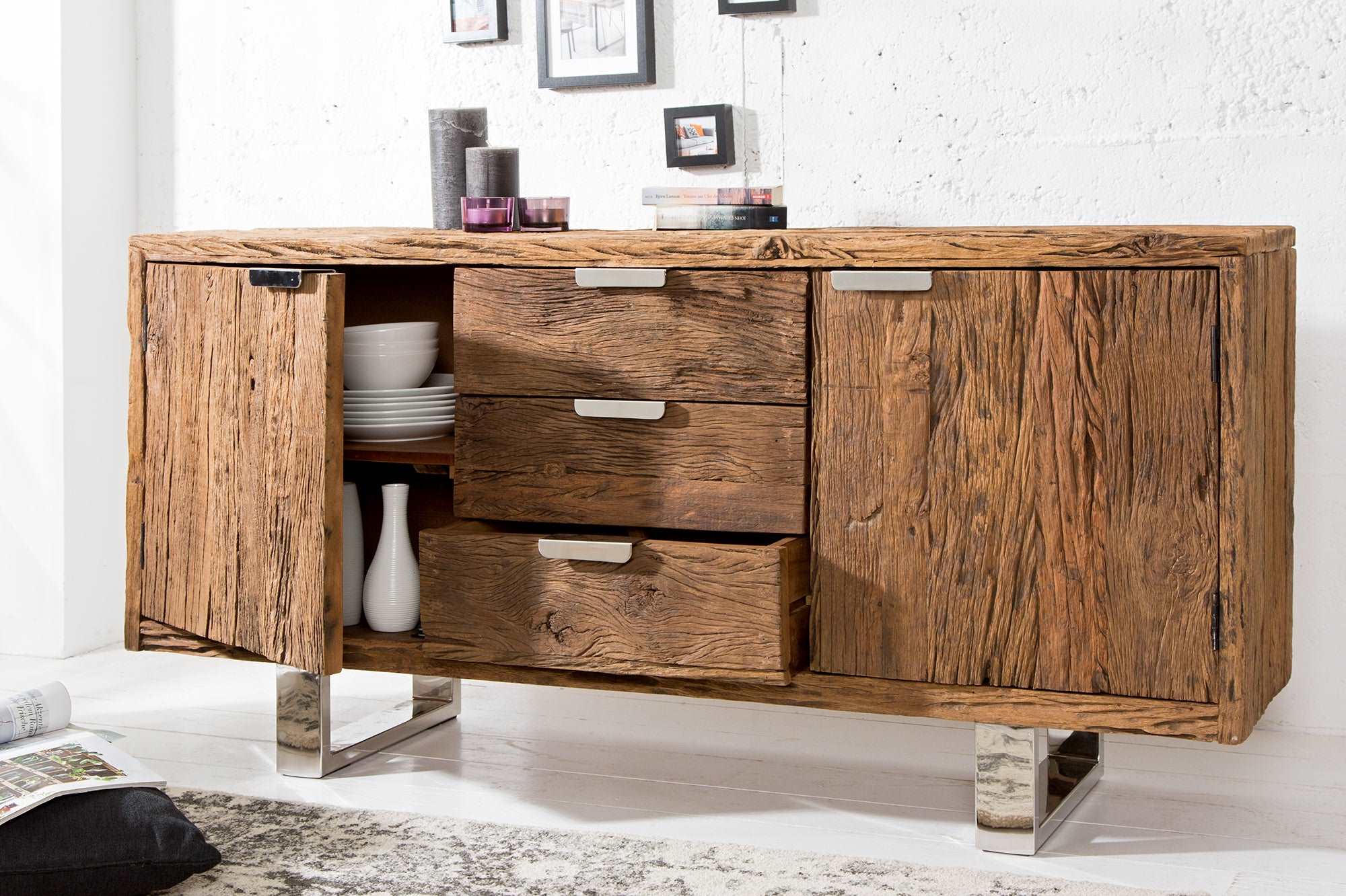 BARRACUDA Solid sideboard 160cm antique teak with steel sled feet Sitheim