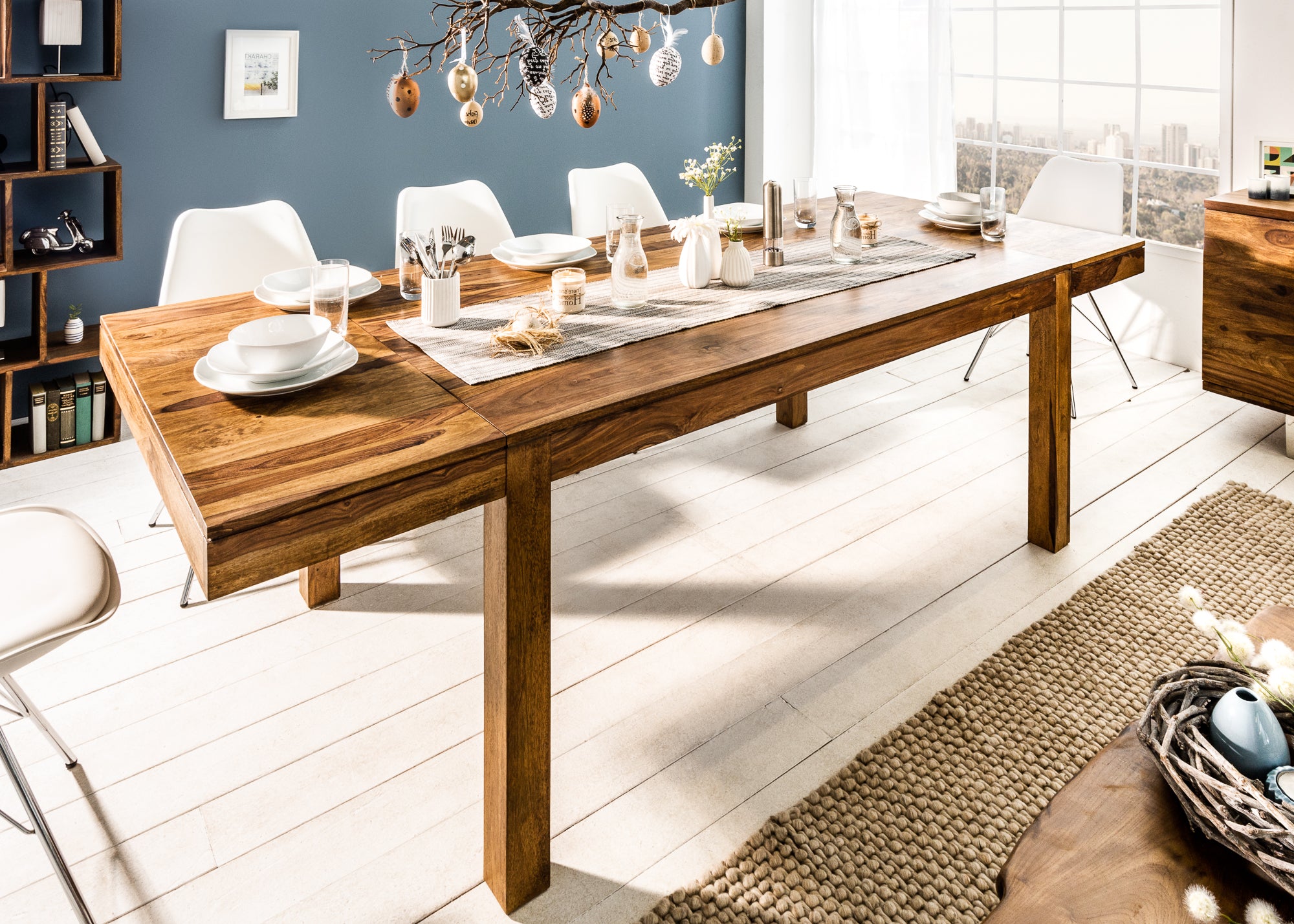 PURE solid wood dining table 160 240cm natural Sheesham stone finish with extension plates