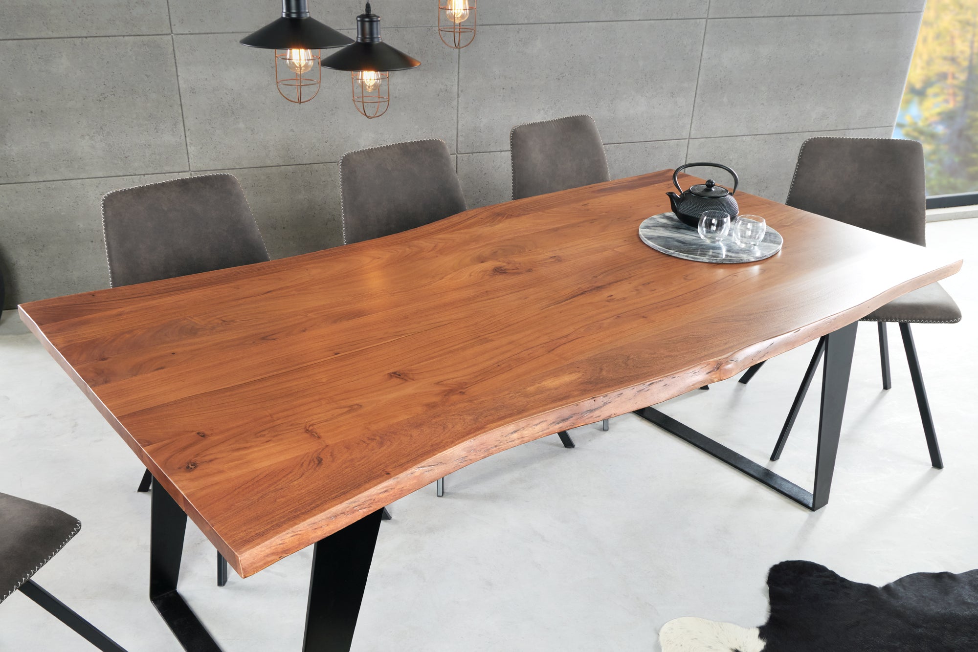 ORGANIC ARTWORK solid wood dining table 180cm acacia industrial design iron frame tree edge